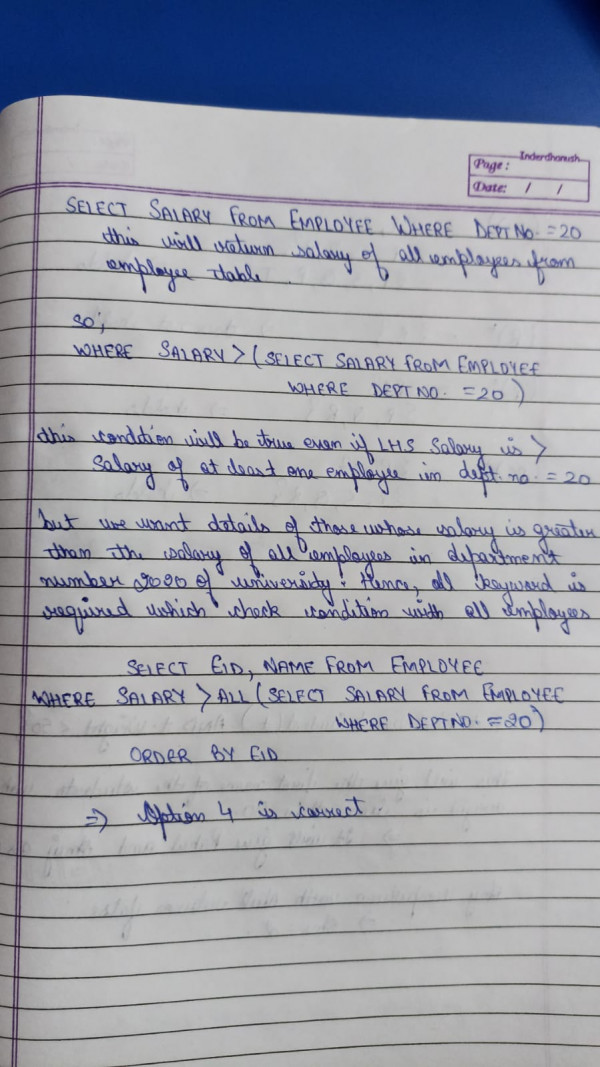 Databases: UGC NET CSE | October 2020 | Part 2 | Question: 98