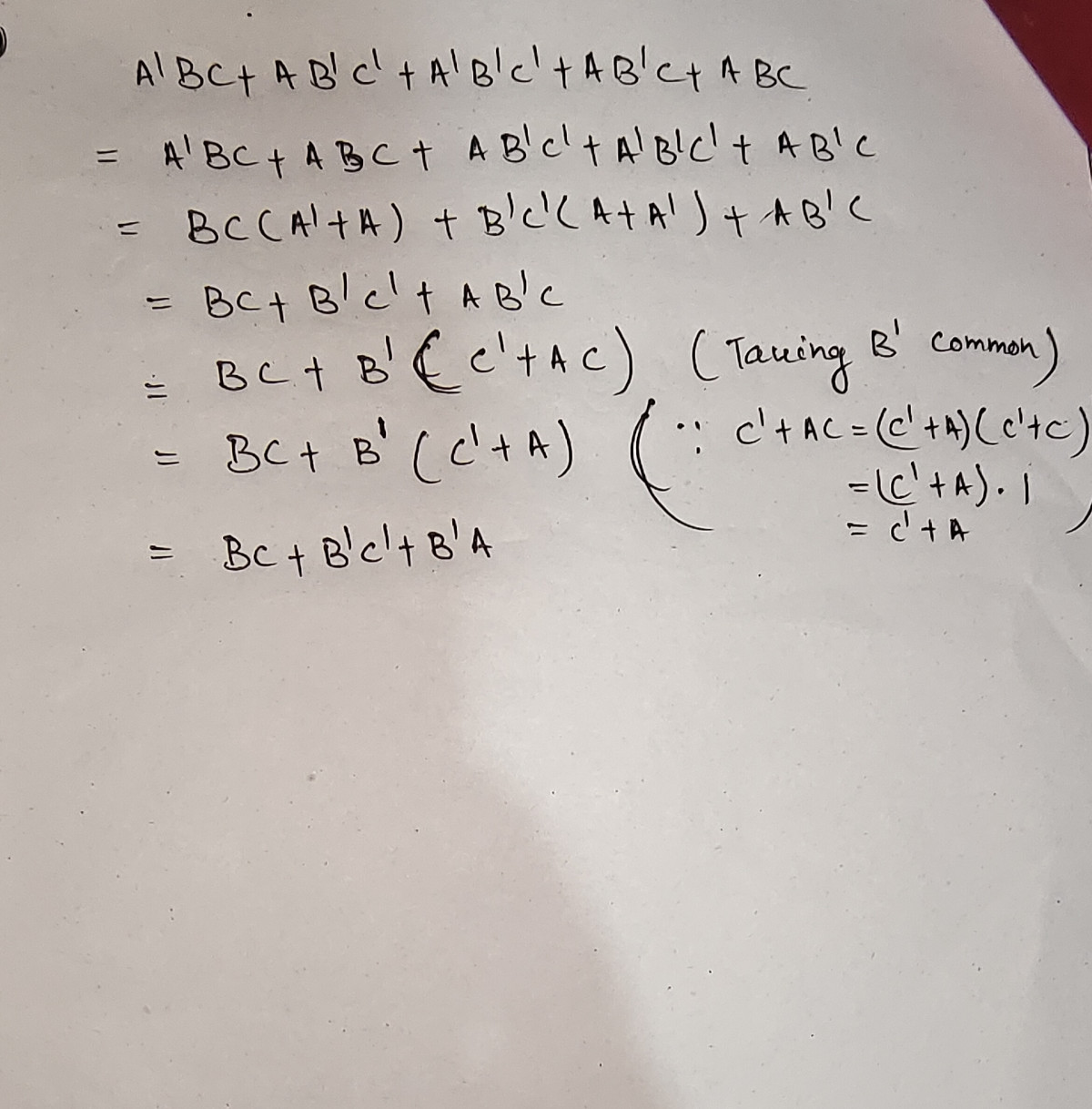 Digital Logic: Simplified Boolean expression for A'BC+AB'C'+A'B'C'+AB'C+ABC