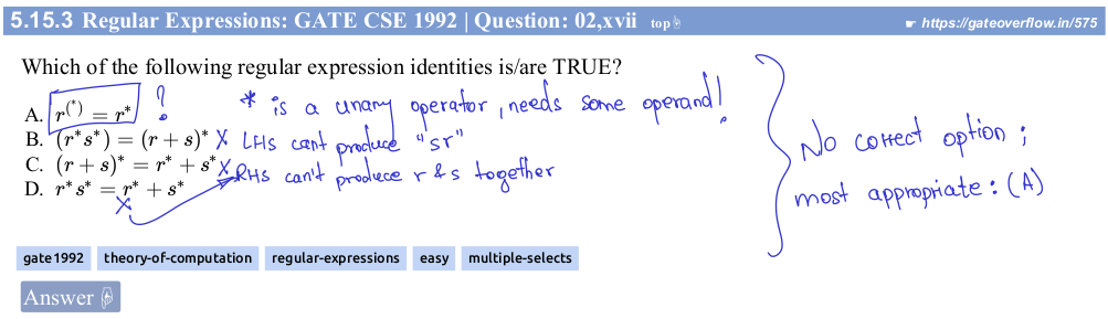 Theory of Computation: GATE CSE 1992 | Question: 02,xvii