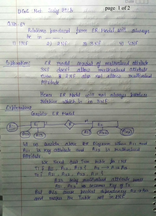Databases: UGC NET CSE | July 2018 | Part 2 | Question: 64