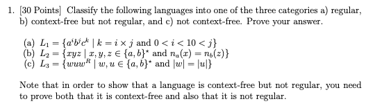 Theory of Computation: Given a language, categorize it in either: regular, context-free but not ...